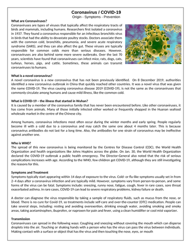 COVID-19 / Coronavirus Reading Comprehension text | Teaching Resources