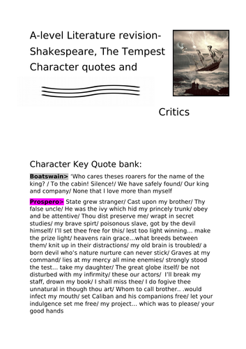 The Tempest, A- level Quote Revision | Teaching Resources