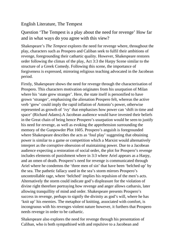 The Tempest, OCR A-level, Student Essays | Teaching Resources