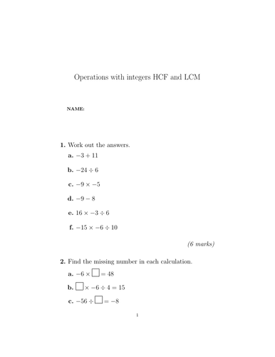 Operations with integers, HCF and LCM test (with solutions) | Teaching ...