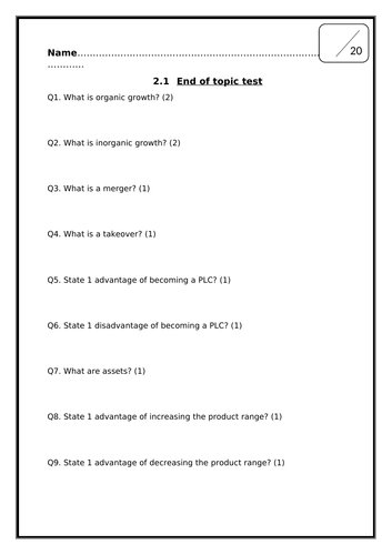 GCSE 9-1 Business End Of Topic Tests | Teaching Resources