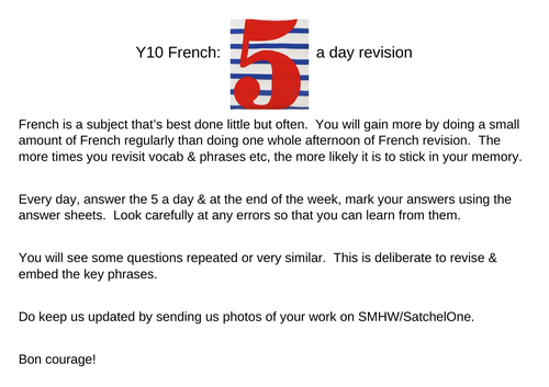 GCSE French Y10 summer holiday 5 a day revision challenge | Teaching ...