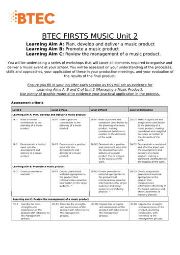 BTEC First Music - Unit 2 Managing a Music Product Log Book | Teaching ...