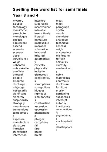 Whole School Spelling Bee Lists | Teaching Resources