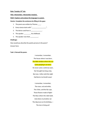 I Remember, I Remember Poetry | Teaching Resources