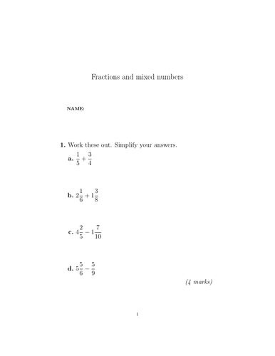 Fractions and mixed numbers test (with solutions) | Teaching Resources
