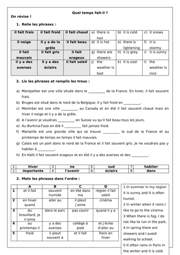 Weather / le temps - French (3 worksheets) | Teaching Resources