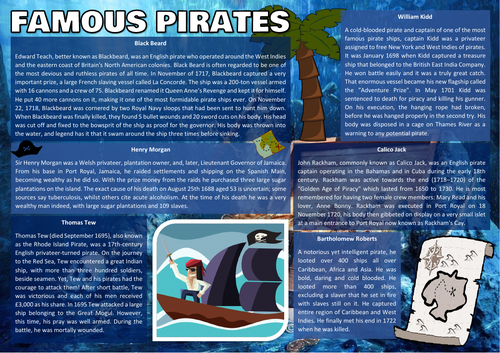 Famous Pirates Comprehension | Teaching Resources