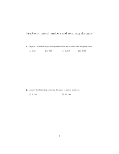 Fractions, mixed numbers and recurring decimals worksheet (with ...