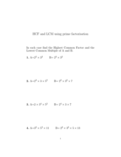 HCF and LCM using prime factorisation worksheet no 3 (with solutions ...