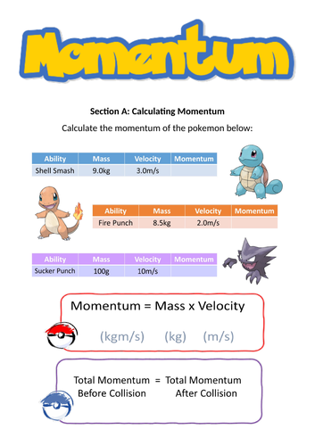 Pokemon Momentum Calculations (You conserve it All!) | Teaching Resources
