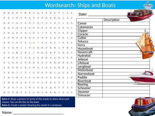 2 x Ships and Boats Wordsearch Puzzle Sheet Keywords Settler Starter ...