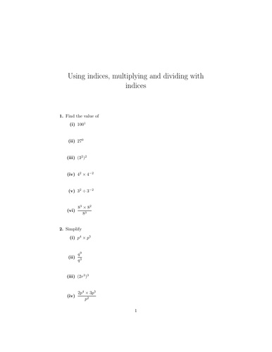 Using indices, multiplying and dividing with indices worksheet (with ...