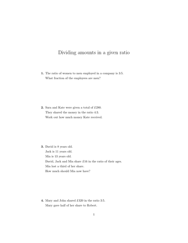 Dividing amounts in a given ratio worksheet (with solutions) | Teaching ...