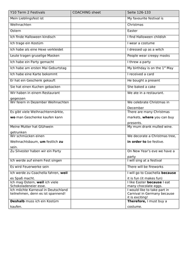 GCSE German Festivals and Traditions Coaching Sheet | Teaching Resources