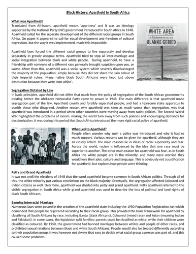 Black History: Apartheid In South Africa - Reading Comprehension Text ...