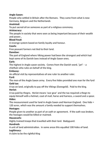 GCSE EDEXCEL ANGLO SAXON AND NORMAN KEY WORDS | Teaching Resources