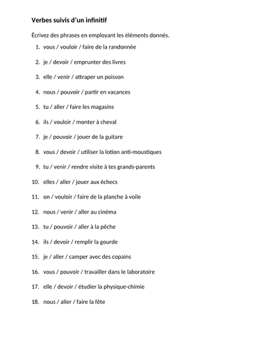 Verbes suivis d'un infinitif (French Verbs with Infinitives) Worksheet ...