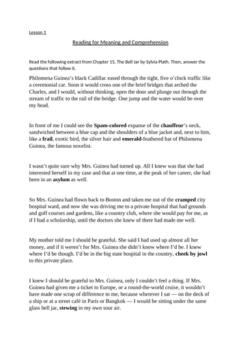 The Bell Jar Sylvia Plath extract | Teaching Resources