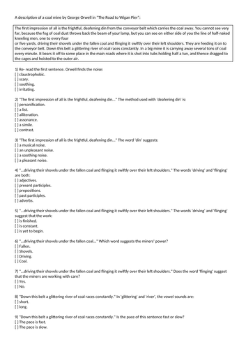Non Fic George Orwell Coal Mine "Road to Wigan Pier" Quiz HW Pre Guided ...