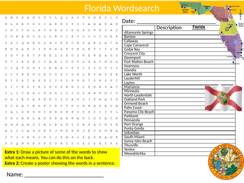 3 x Florida Wordsearch United States US State Starter Settler Activity ...