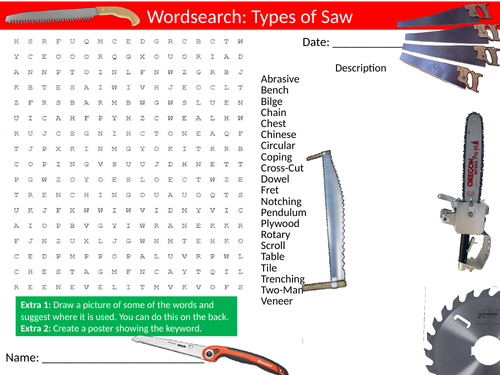 Types of Saws Wordsearch Keyword Starter Cover Design Technology ...