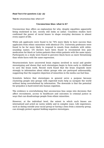 Unconscious Bias Reading Paper 0500 CIE IGCSE English Language ...