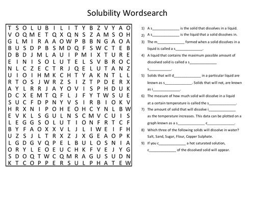 Solubility Quiz Wordsearch - Chemistry KS3 / GCSE | Teaching Resources