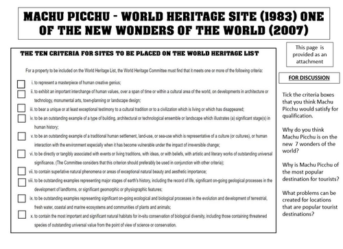 WORLD HERITAGE SITE - THE RUINS OF MACHU PICCHU -PERU | Teaching Resources