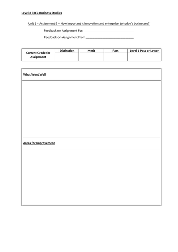 BTEC L3 Business - Unit 1 Feedback Sheet E | Teaching Resources BTEC L3 Business - Unit 1 Feedback Sheet E | Teaching Resources