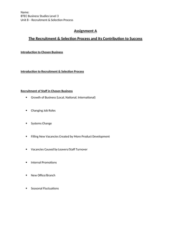 BTEC L3 Business - Unit 8 Assignment Templates - Recruitment ...