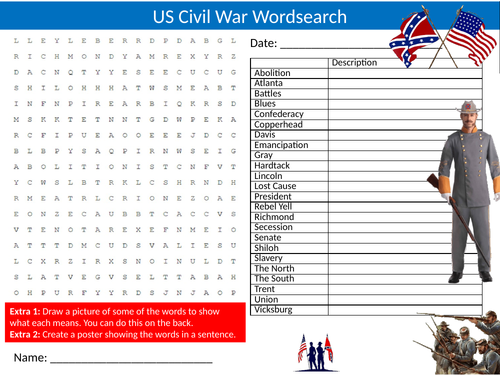 US Civil War Wordsearch History Starter Settler Activity Homework Cover ...