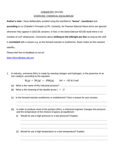 (I)GCSE Chemistry equilibrium exercises+ answers | Teaching Resources
