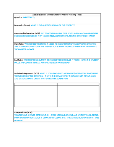 AQA A Level Business - Planning Sheet for Extended Answers | Teaching ...
