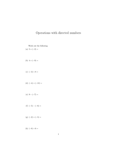 Operations With Directed Numbers Worksheet (with Solutions) | Teaching 