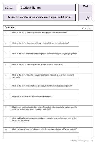 A-Level Quiz #1.11 Design for manufacturing, maintenance, repair and ...