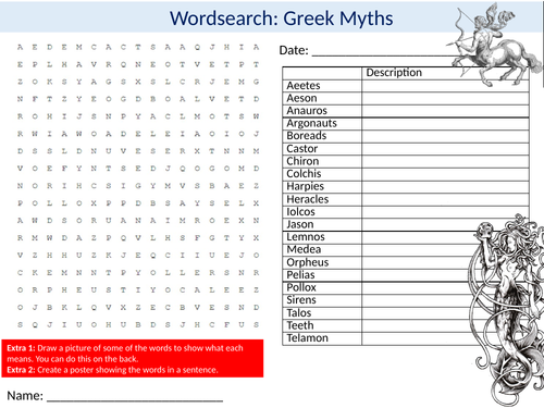 Greek Myths Wordsearch Sheet Starter Activity Keywords Religion Legends ...