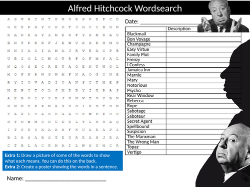 Alfred Hitchcock Wordsearch Starter Activity Homework Cover Lesson ...