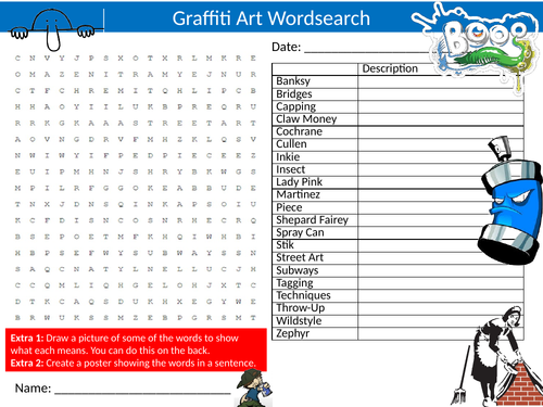2 x Graffiti Art Wordsearch Art and Design Starter Settler Activity ...