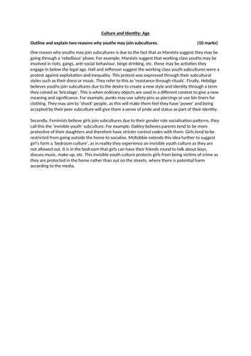 Culture and identity model answers | Teaching Resources
