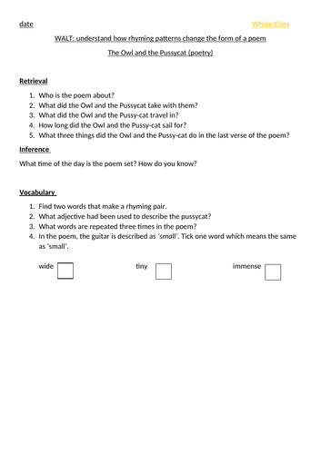 The Owl and the Pussycat Guided Reading | Teaching Resources
