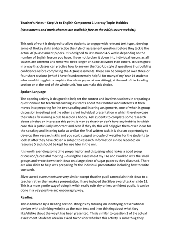 AQA Step Up to English: Component 1 HOBBIES Unit with NEW Digital ...