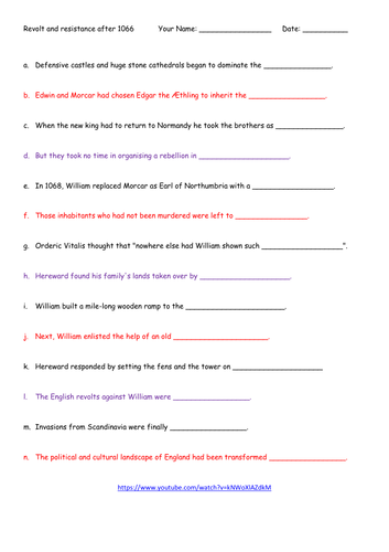 BBC Revolt and Resistance After 1066 video worksheet | Teaching Resources