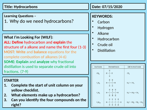 Hydrocarbons C7 Lesson 1 | Teaching Resources