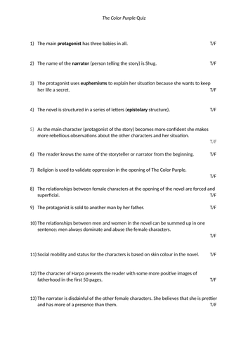 The Color Purple Quiz | Teaching Resources