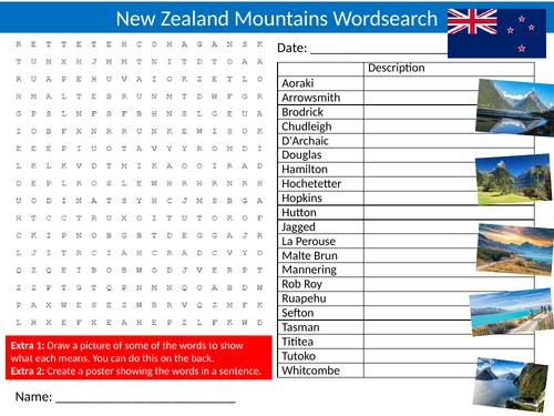New Zealand Mountains Wordsearch Sheet Geography Starter Activity ...