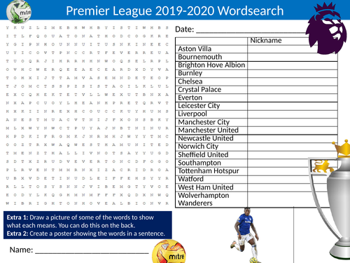 Premier League Teams 2019-2020 Wordsearch Sheet Starter Activity ...