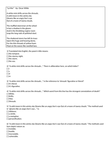 Unseen Poetry Pre Twentieth Century "La Mer" Oscar Wilde Multi Choice ...