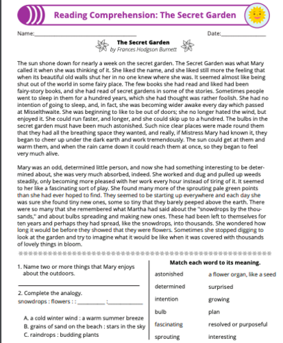 The Secret Garden Comprehension: Morning Activity | Teaching Resources