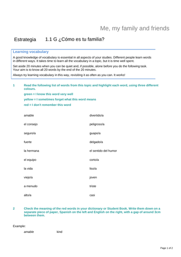 AQA 1.1G Como es tu familia (Spanish GCSE Unit 1) family and friends ...